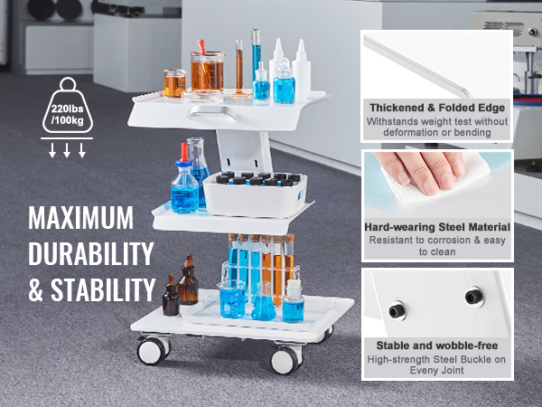 VEVOR Lab Trolley, 3-Layer Rolling Lab Cart, Metal Mobile Trolley with ...