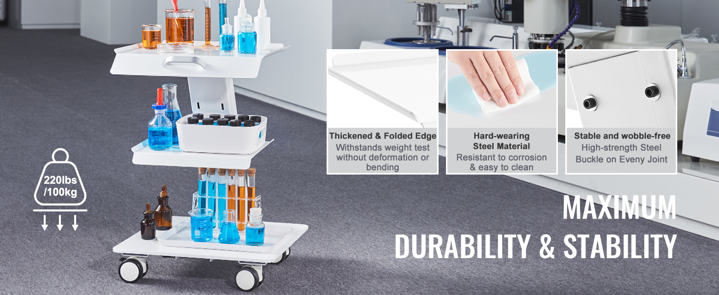 VEVOR Lab Trolley, 3-Layer Rolling Lab Cart, Metal Mobile Trolley with ...