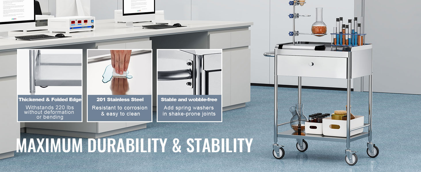 VEVOR Medical Cart, 2 Layers Stainless Steel Cart 100 kg Weight ...