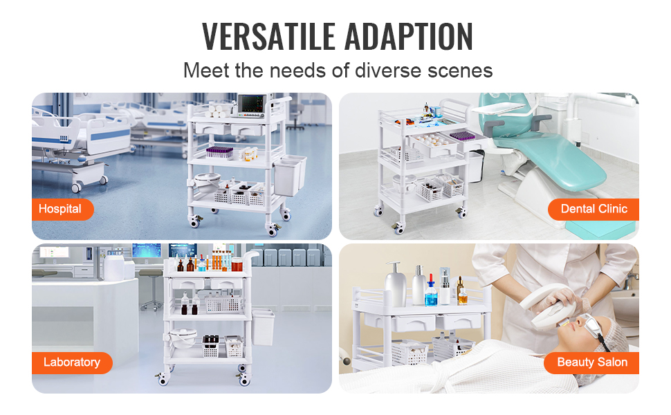VEVOR 3 Tiers Lab Carts Mobile Medical Cart with 3 Trays & 3 Trash Cans ...
