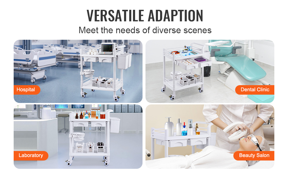VEVOR 2 Tiers Lab Carts Mobile Medical Cart 2 Trays 2 Drawers 3 Trash ...