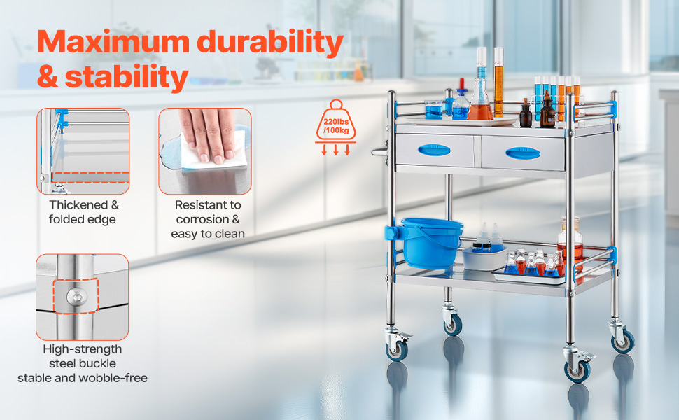 Medical Dental Lab Serving Cart Trolley 2 Tiers Portable Stainless ...