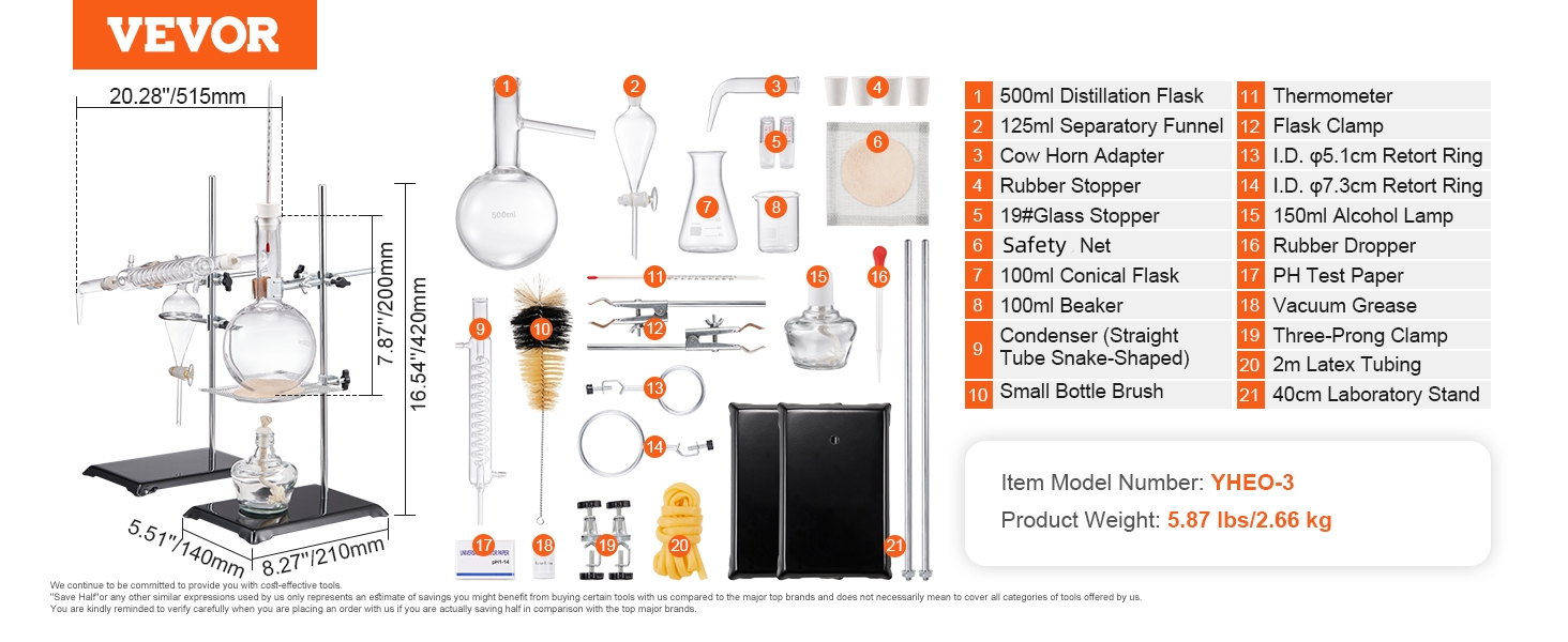 VEVOR Essential Oil Distillation Kit, 500ml Distillation Apparatus, 3.3 ...