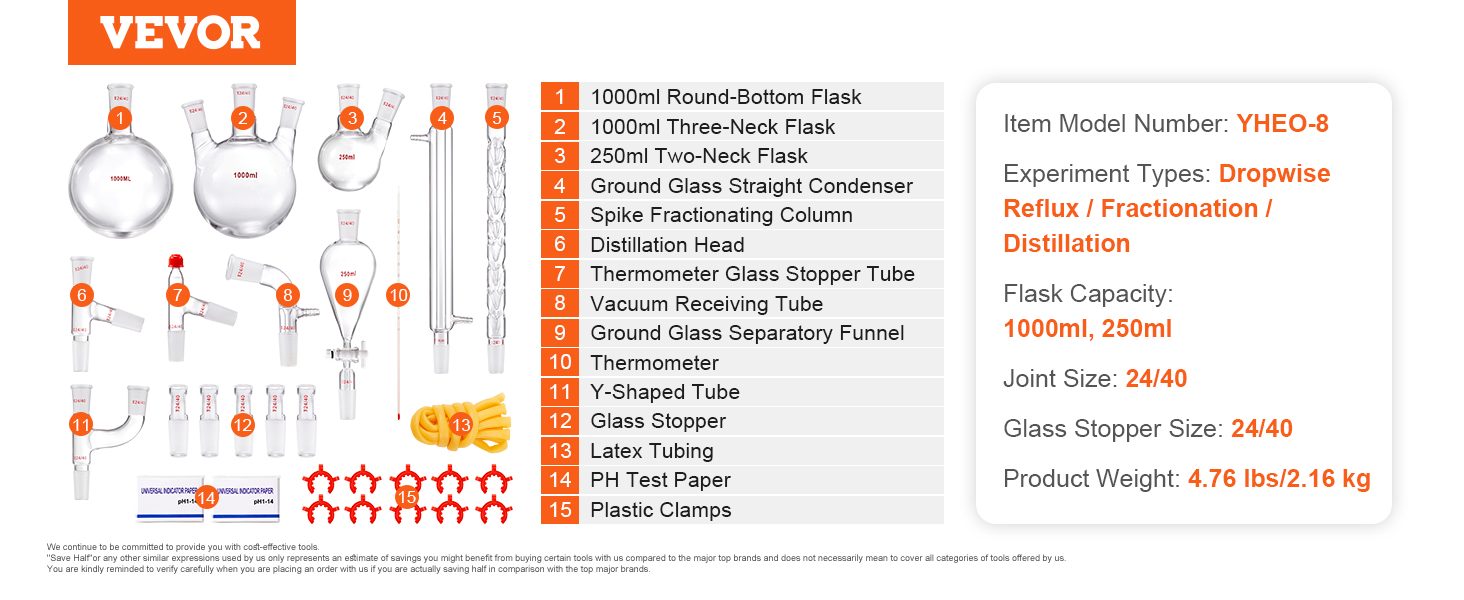 VEVOR Lab Glassware Distillation Kit 1000ml 3.3 Boro 29 pcs Glassware ...
