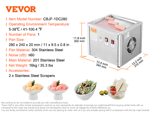 VEVOR Fried Ice Cream Roll Machine, 11" x 9.5" Stir-Fried Ice Cream Pan ...
