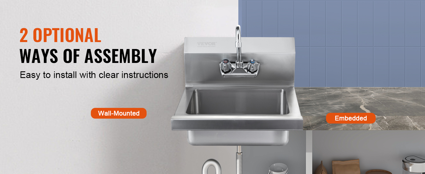 VEVOR Commercial Hand Sink with Faucet, NSF Stainless Steel Sink for ...