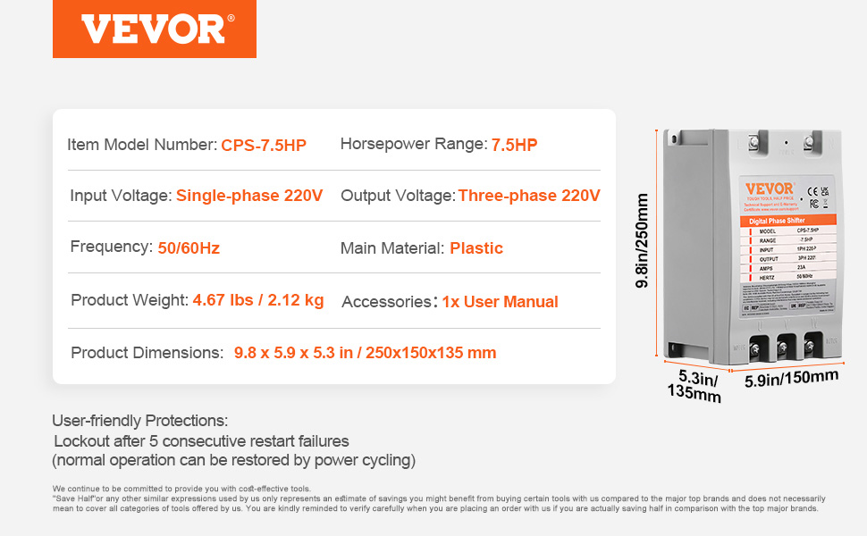 VEVOR 3 Phase Converter- 7.5HP 23A 220V Single Phase to 3 Phase ...