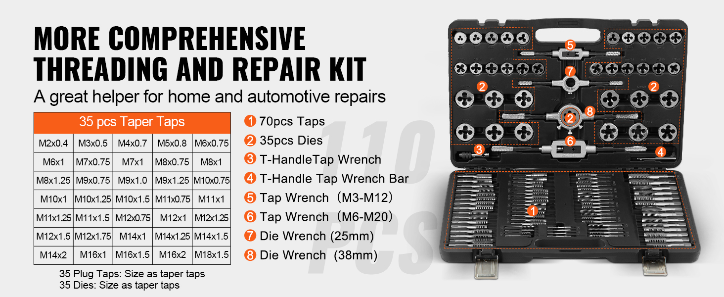 VEVOR Tap and Die Set, 110-Piece Include Metric Size M2 to M18, Bearing ...