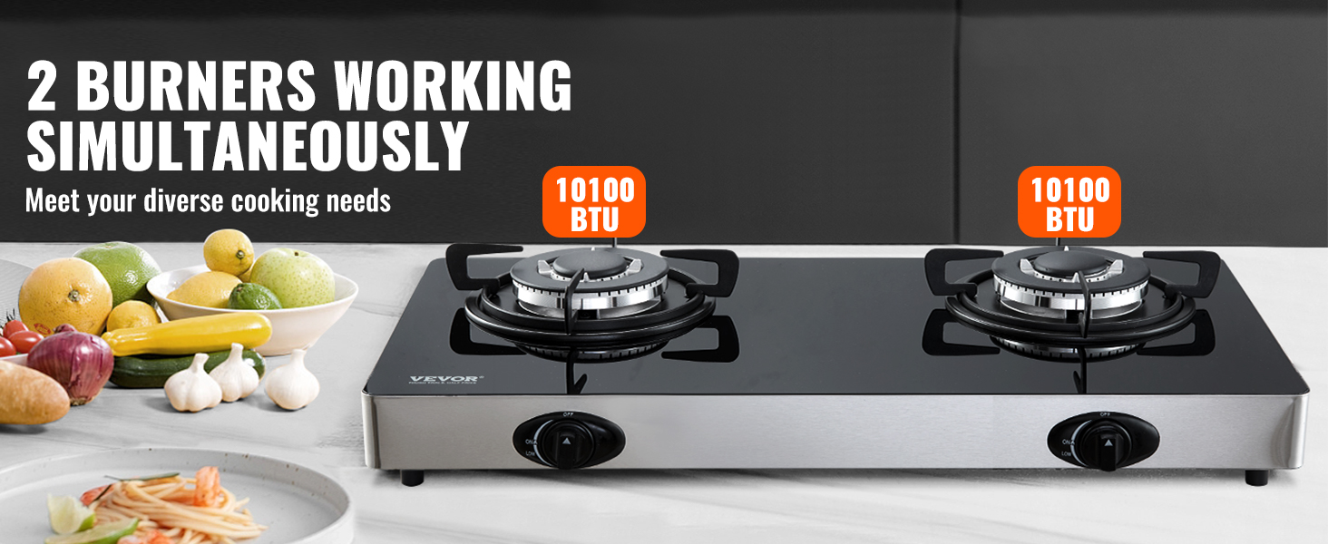VEVOR Gas Cooktop 28 inch, Max 10100BTU 2 Burners Tempered Glass ...