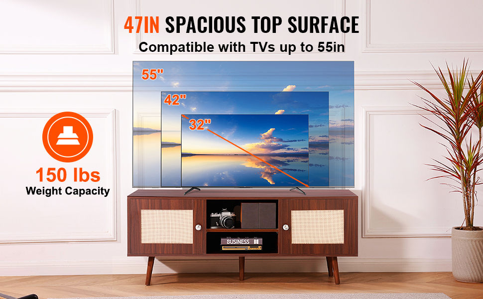 VEVOR Rattan TV Stand, Boho TV Cabinet for 55 inch TV, Mid Century ...
