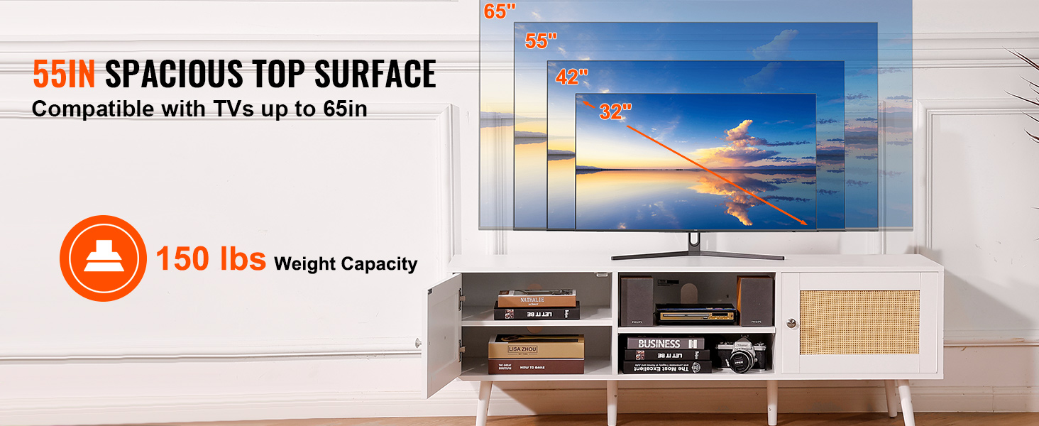 VEVOR Rattan TV Stand for 65 inch TV, Boho TV Stand with Rattan Door ...