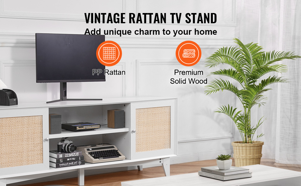VEVOR Rattan TV Stand for 75" TV Boho TV Stand with Build-in Socket ...