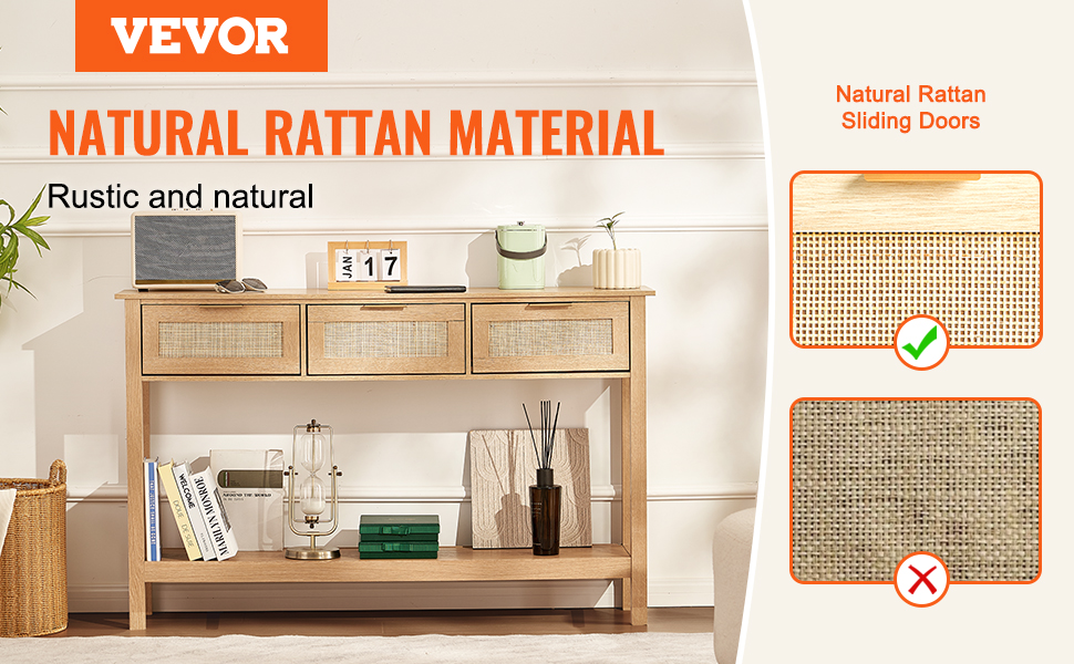 VEVOR Rattan Console Table with 3 Storage Drawers Rattan 51.38x11.81x32 ...