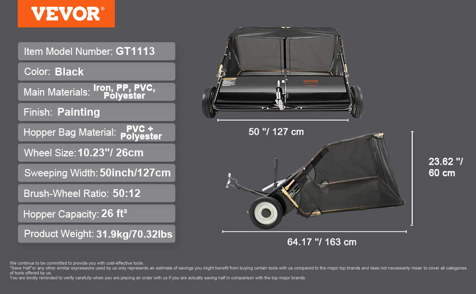 VEVOR Lawn Sweeper Tow Behind Leaf Yard Collector 50" 26 Cu. Ft ...