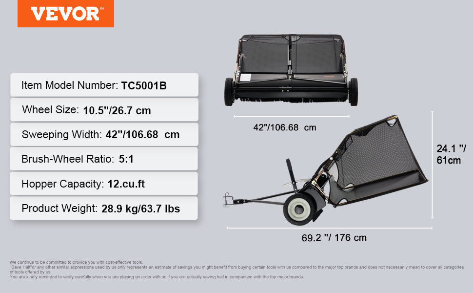 VEVOR Tow-Behind Lawn Sweeper 42-inch Leaf Yard Collector 12 cu.ft ...