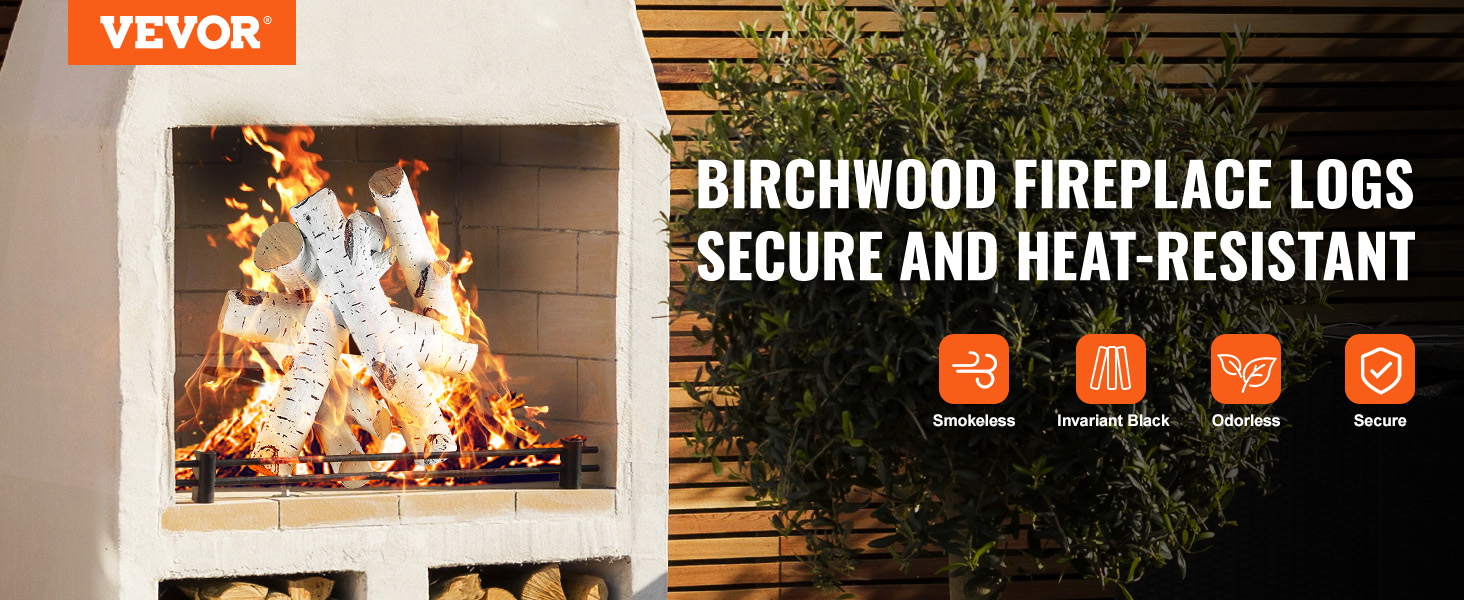 VEVOR 6 Pcs Large Withe Birch Logs, Gas Fireplace Ceramic Logs for Fire ...