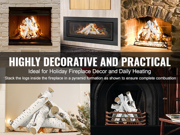 VEVOR 6 Pcs Large Withe Birch Logs, Gas Fireplace Ceramic Logs for Fire ...