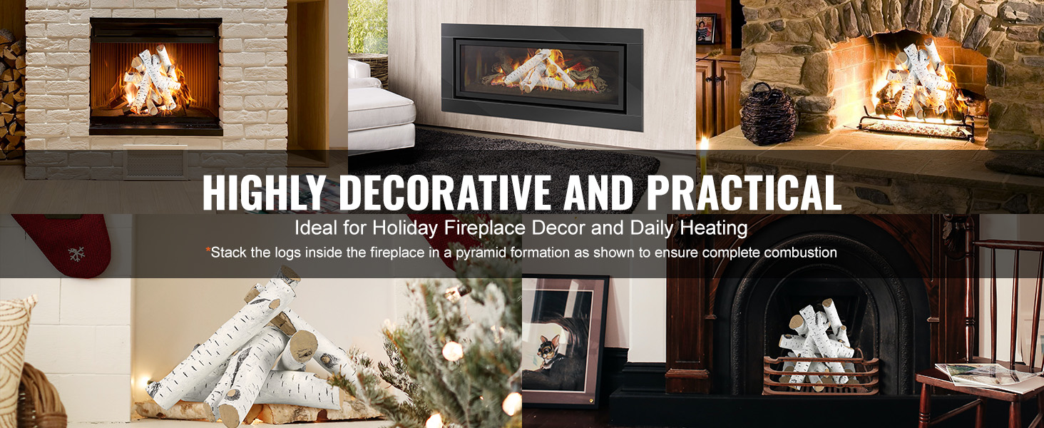 VEVOR 6 Pcs Large Withe Birch Logs, Gas Fireplace Ceramic Logs for Fire ...