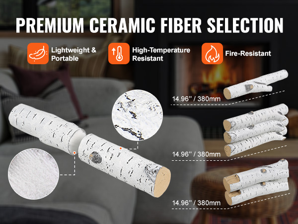 VEVOR 6 Pcs Large Withe Birch Logs, Gas Fireplace Ceramic Logs for Fire ...
