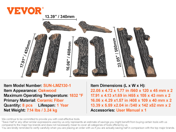 VEVOR 8 Pcs Oak Logs, Gas Fireplace Ceramic Logs for Fire place, Heat ...