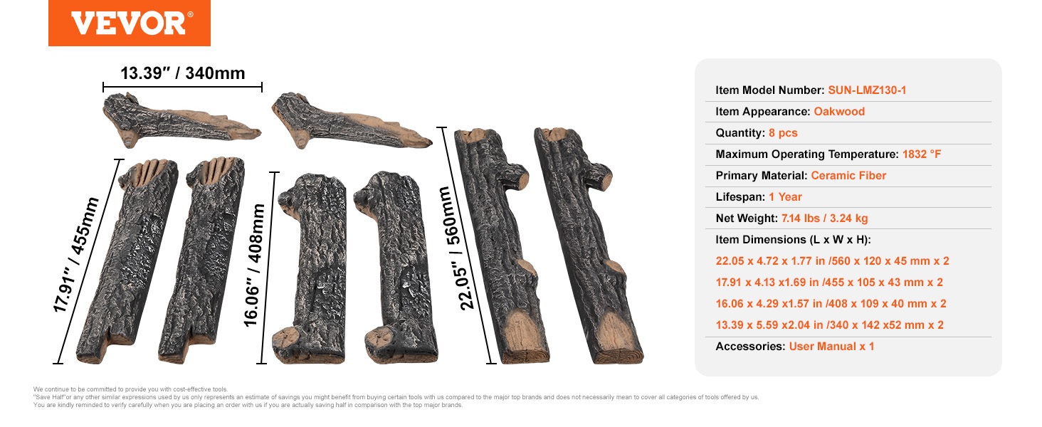 VEVOR 8 Pcs Oak Logs, Gas Fireplace Ceramic Logs for Fire place, Heat ...
