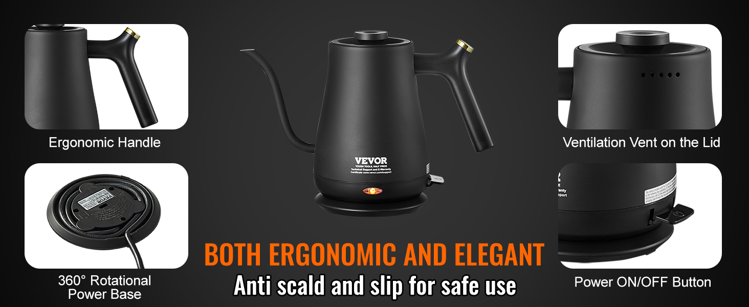 VEVOR 1L Electric Gooseneck Kettle, 1200W Fast Heating Gooseneck Pour ...