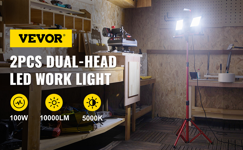 VEVOR LED Work Light with Stand, 2PCS 10000 Lumen Dual-head LED Work ...