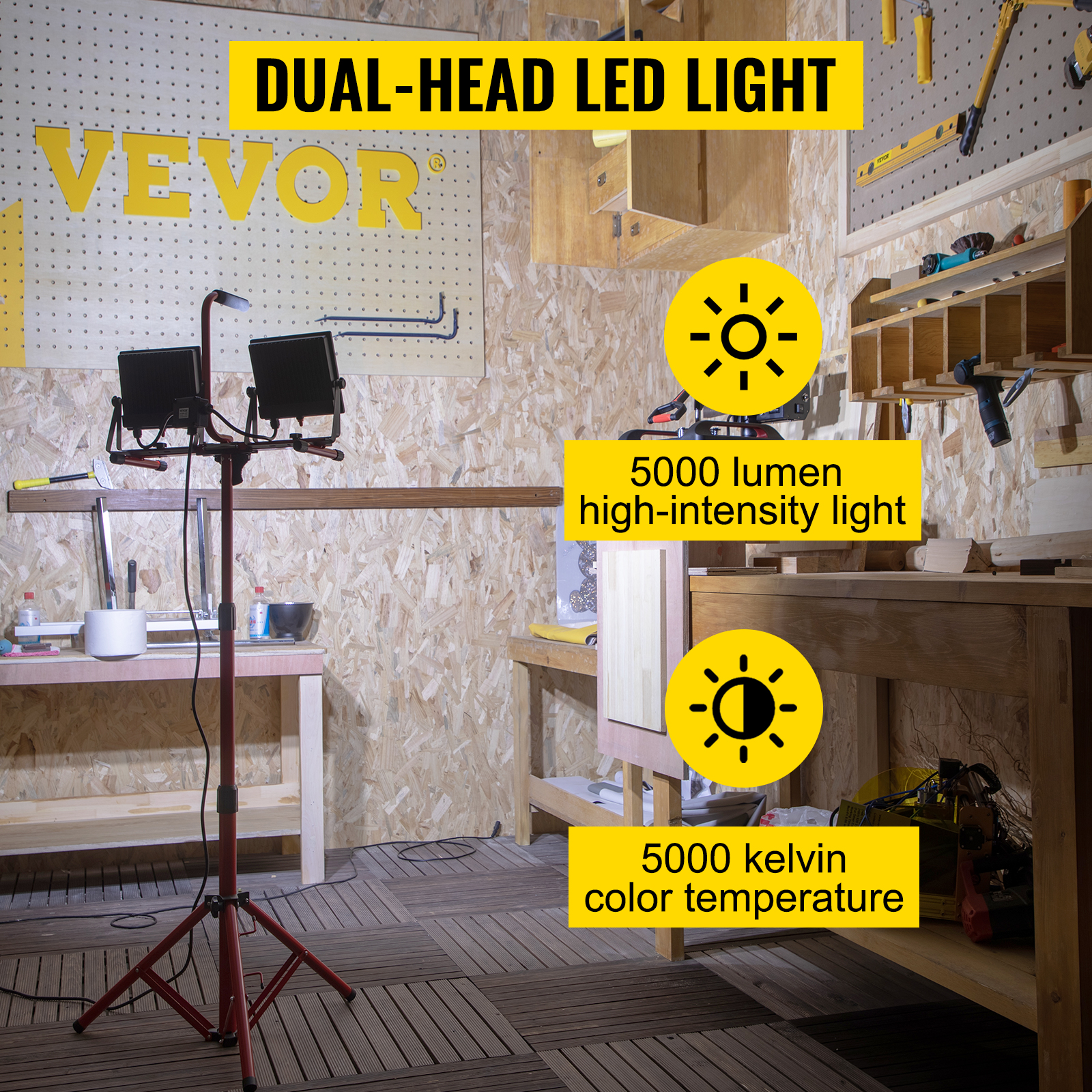 VEVOR LED Work Light with Stand, 5000 Lumen Dual-head LED Work Light ...