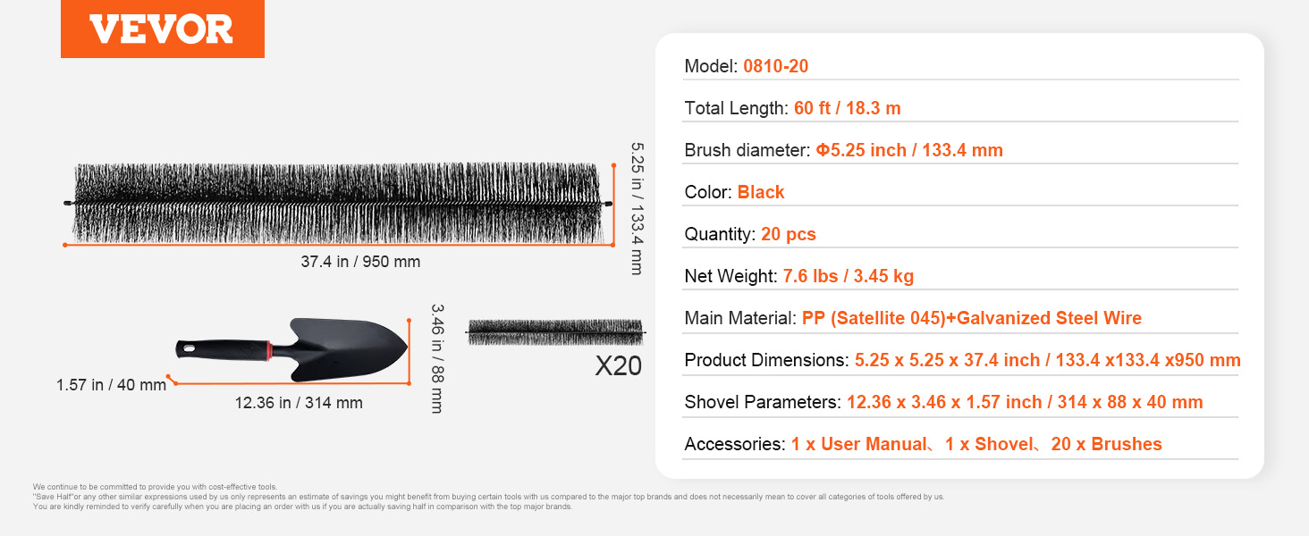 VEVOR Gutter Brush, 60 Feet Total Length 5.25 inch Diameter Gutter ...