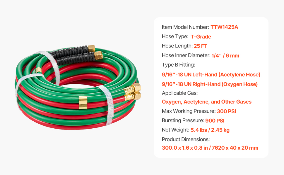 Oxygen Acetylene Hose 1/4-Inch x 25FT T Grade Hose 300PSI Max Working ...