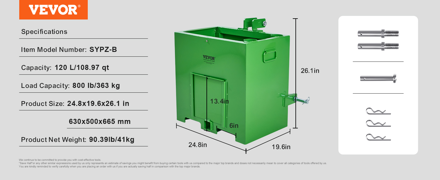 VEVOR Ballast Box 3 Point Category 1 Tractor, 800lbs Capacity, for 2 ...