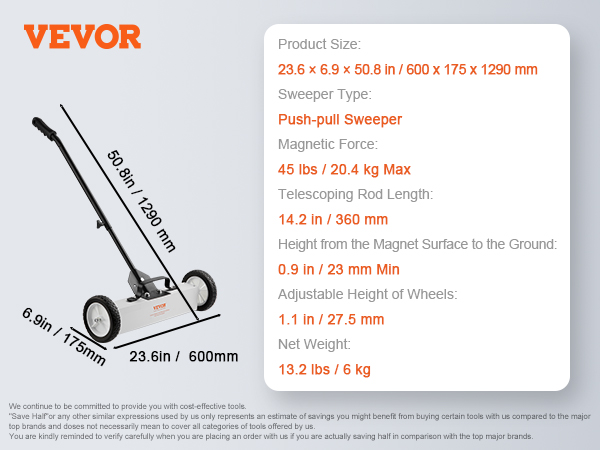 VEVOR 45Lbs Rolling Magnetic Sweeper with Wheels, Push-Type Magnetic ...