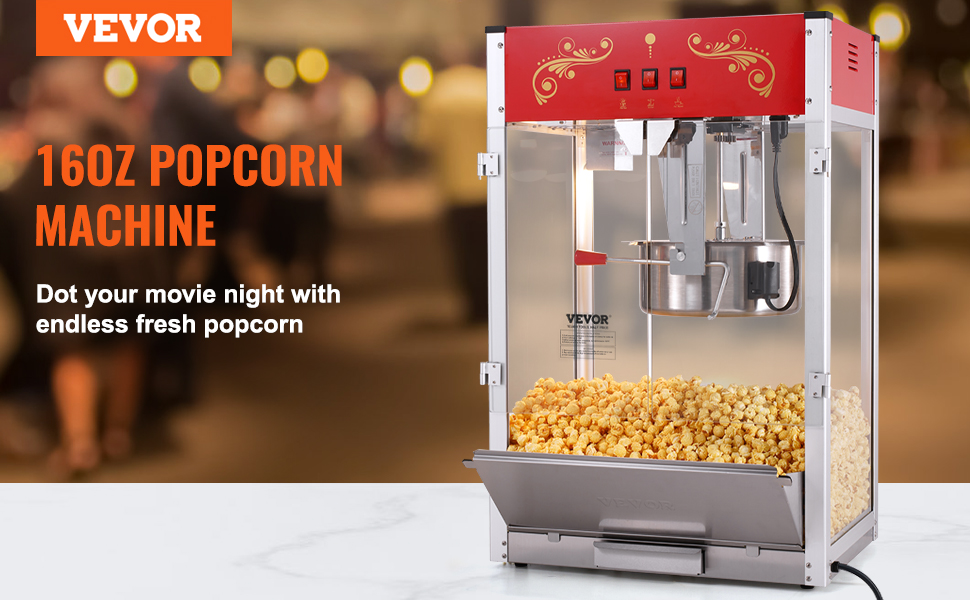 VEVOR Popcorn Popper Machine Countertop Popcorn Maker 1615W 16 Oz Red ...
