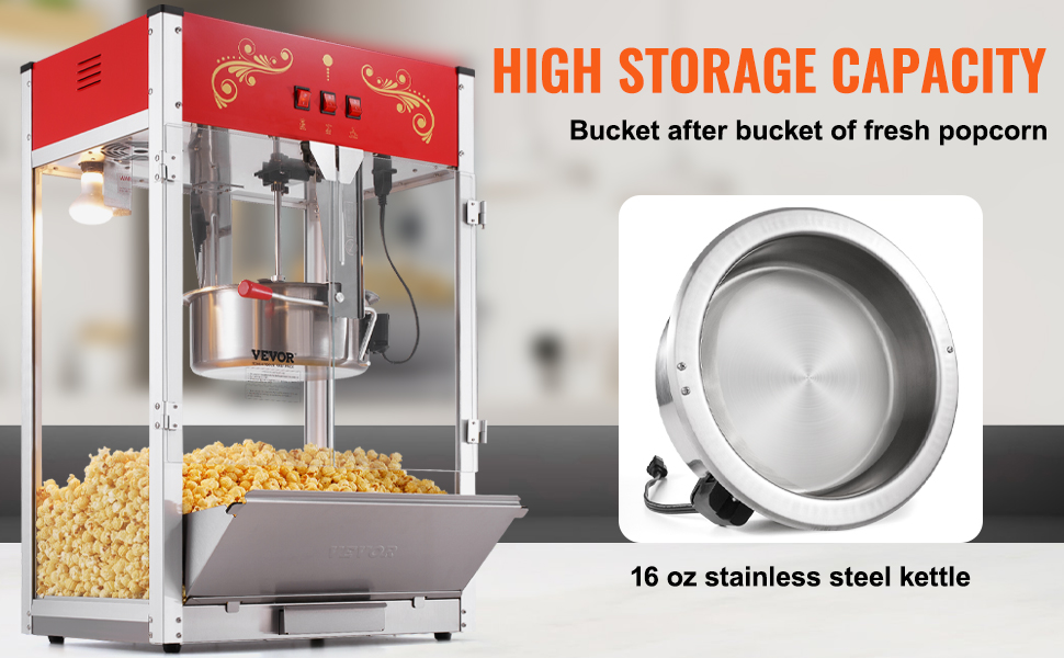 VEVOR Popcorn Popper Machine Countertop Popcorn Maker 1615W 16 Oz Red ...