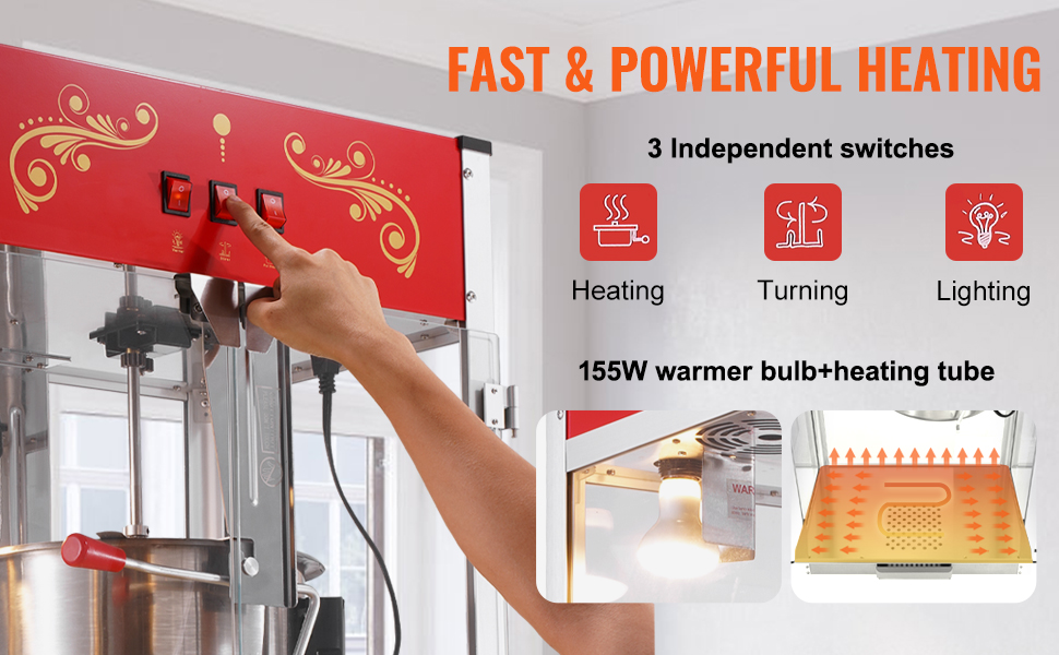 VEVOR Popcorn Popper Machine Countertop Popcorn Maker 1615W 16 Oz Red ...