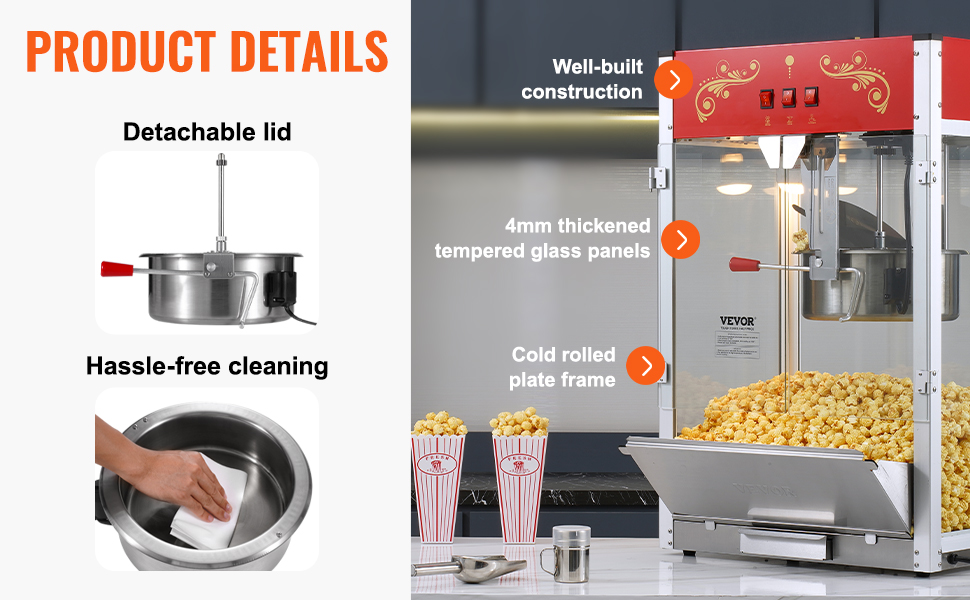 VEVOR Popcorn Popper Machine Countertop Popcorn Maker 1615W 16 Oz Red ...