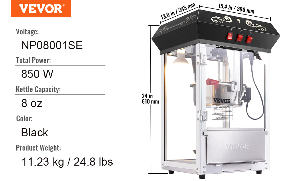 VEVOR Machine à Pop Corn Électrique de Comptoir 850 W 227 g 48 Tasses ...