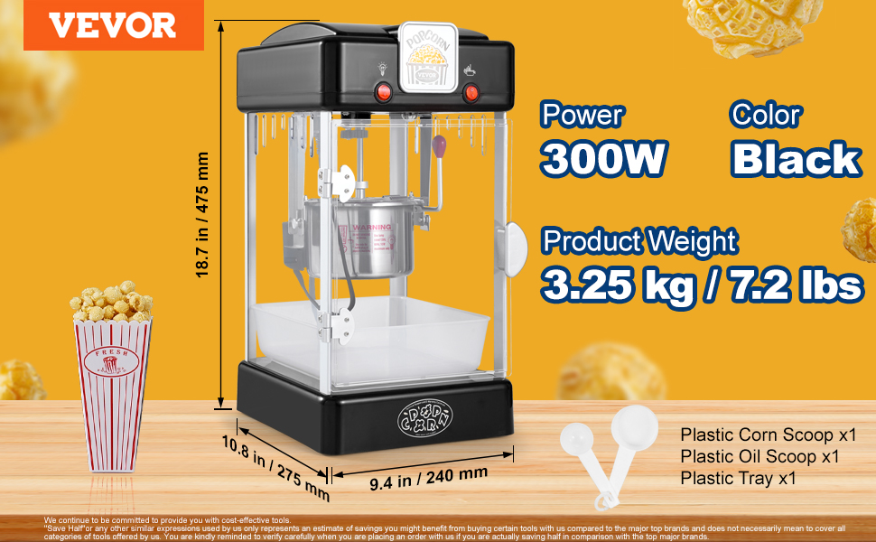 VEVOR Popcorn Popper Machine Tabletop Popcorn Maker 300W 2.5 Oz Black ...