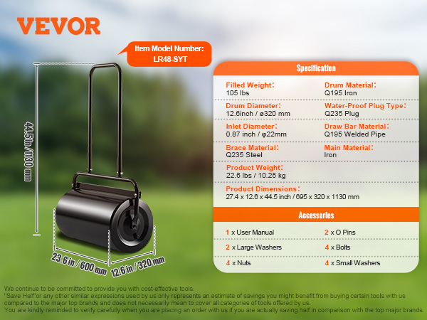 VEVOR Lawn Roller, 13 Gallon Sand/Water Filled Yard Roller, Steel Sod ...