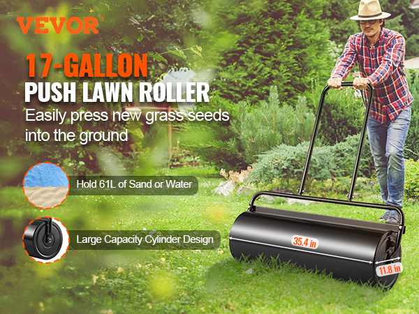 VEVOR Lawn Roller, 17 Gallon Sand/Water Filled Yard Roller, Steel Sod ...
