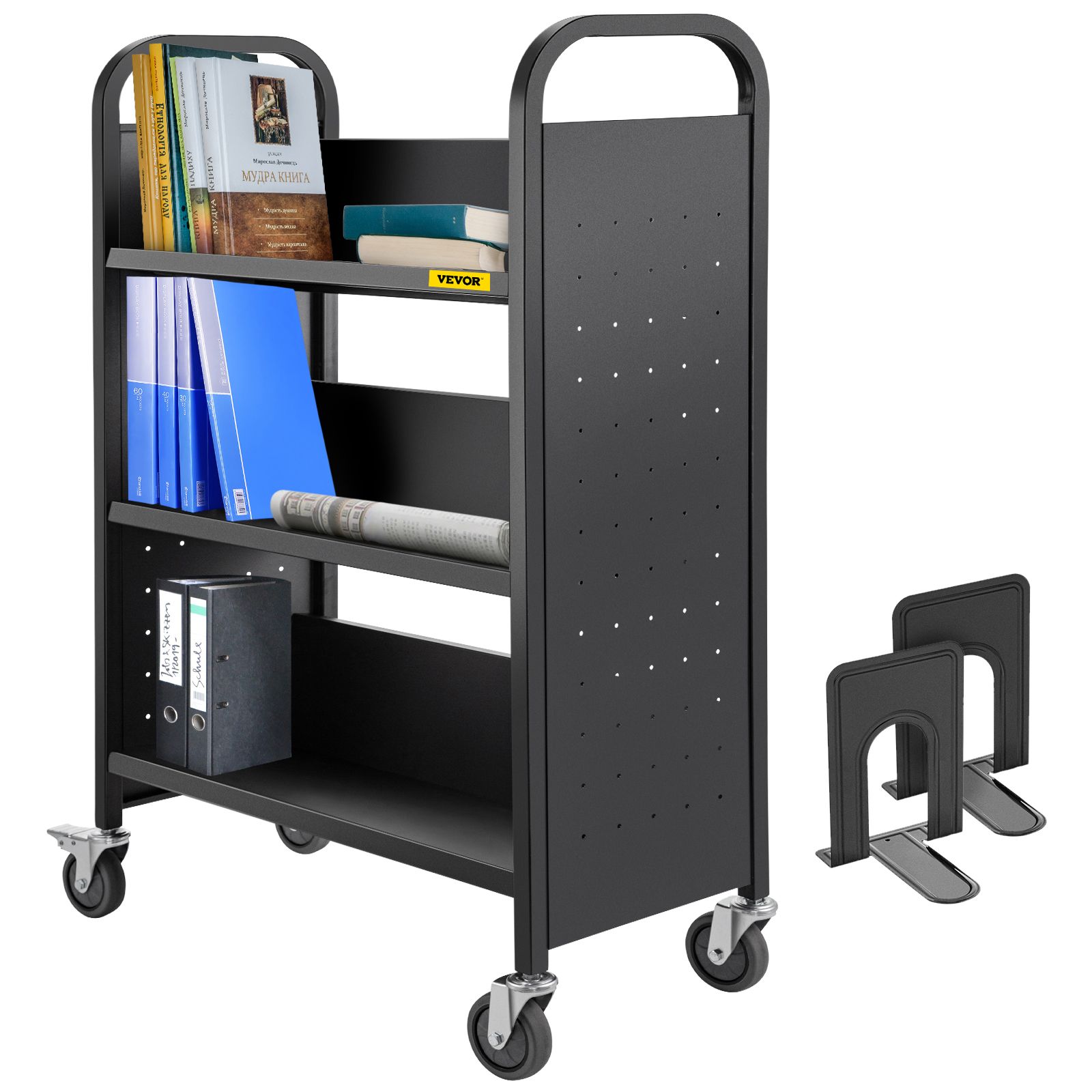 VEVOR Book Cart, 200LBS Library Cart, Single Sided V-Shaped 30x14x49 ...