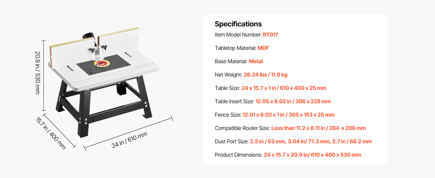 Benchtop Router Table 24 in x 15.7 in with Fence MDF Top Dust ...