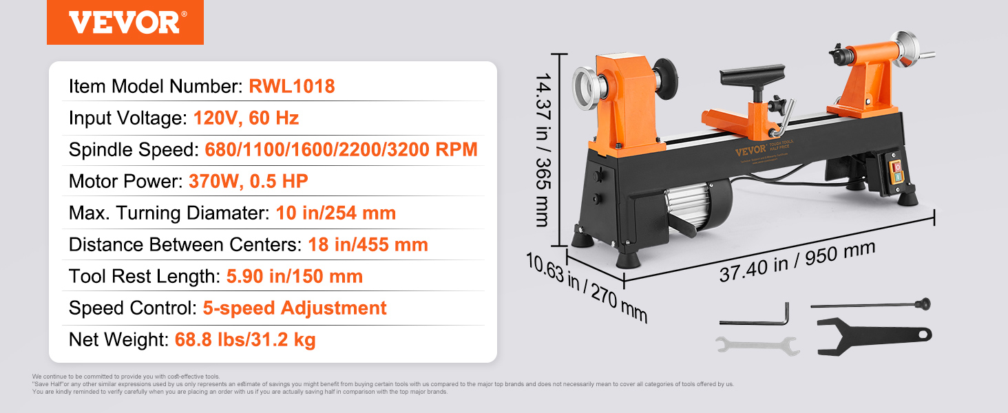 VEVOR Benchtop Wood Lathe, 10 in x 18 in, 0.5 HP 370W Power Wood ...
