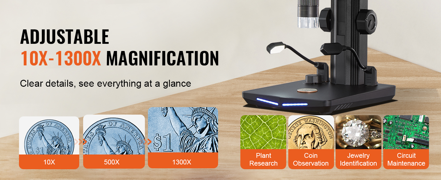 VEVOR Digital Microscope Coin Microscope 10.1in IPS Screen 10-1300X ...