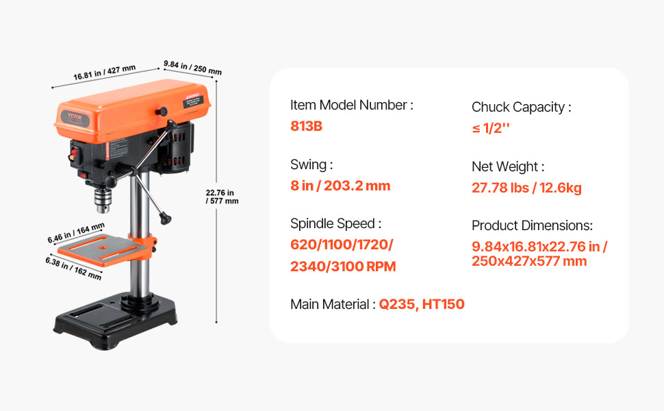 VEVOR 203.2 mm Benchtop Drill Press Tabletop Drilling Machine 550-2500 ...