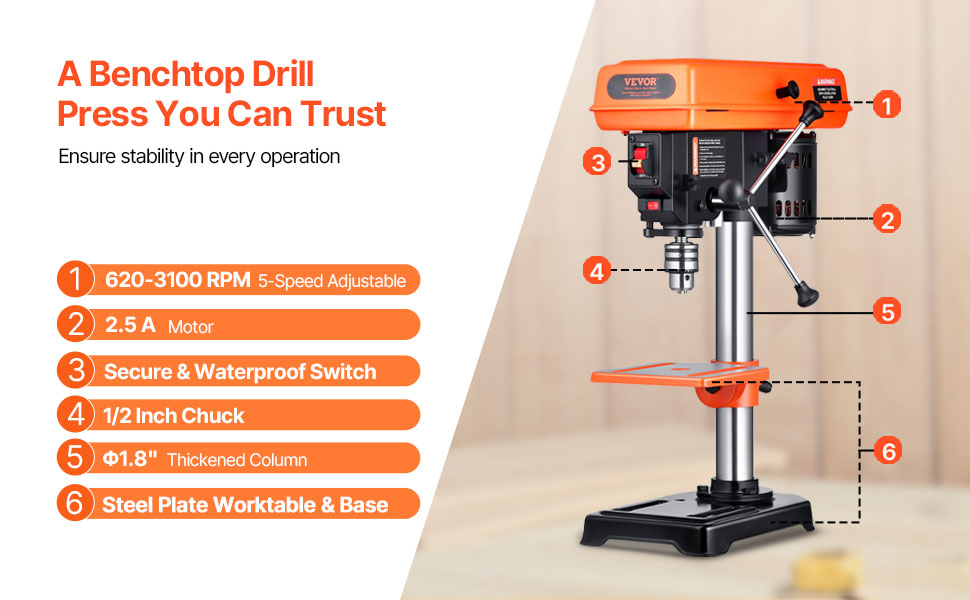 VEVOR 8 in Benchtop Drill Press Tabletop Drilling Machine 750-3200RPM ...