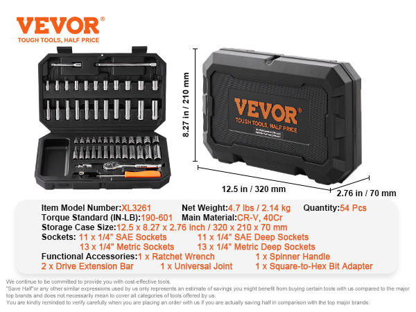 VEVOR Socket Set, 1/4 Inch Drive Socket and Ratchet Set, 6-Point Socket ...