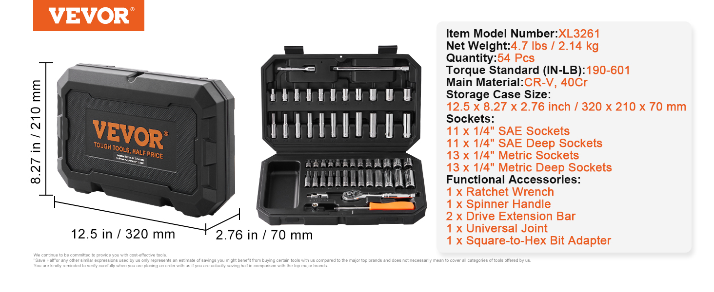 VEVOR Socket Set, 1/4 Inch Drive Socket and Ratchet Set, 6-Point Socket ...