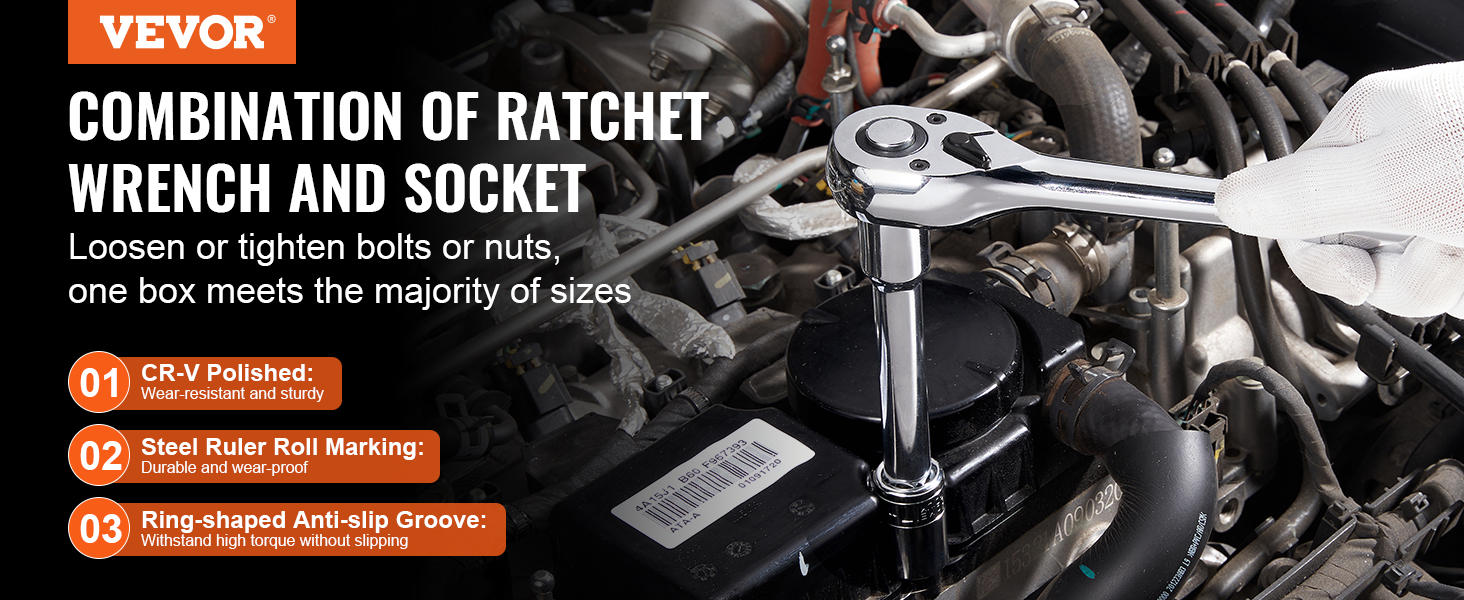 VEVOR Socket Set, 1/4 Inch Drive Socket and Ratchet Set, 6-Point Socket ...