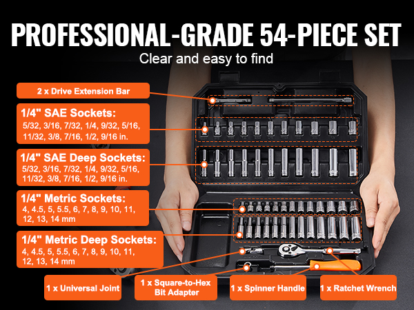 VEVOR Socket Set, 1/4 Inch Drive Socket and Ratchet Set, 6-Point Socket ...